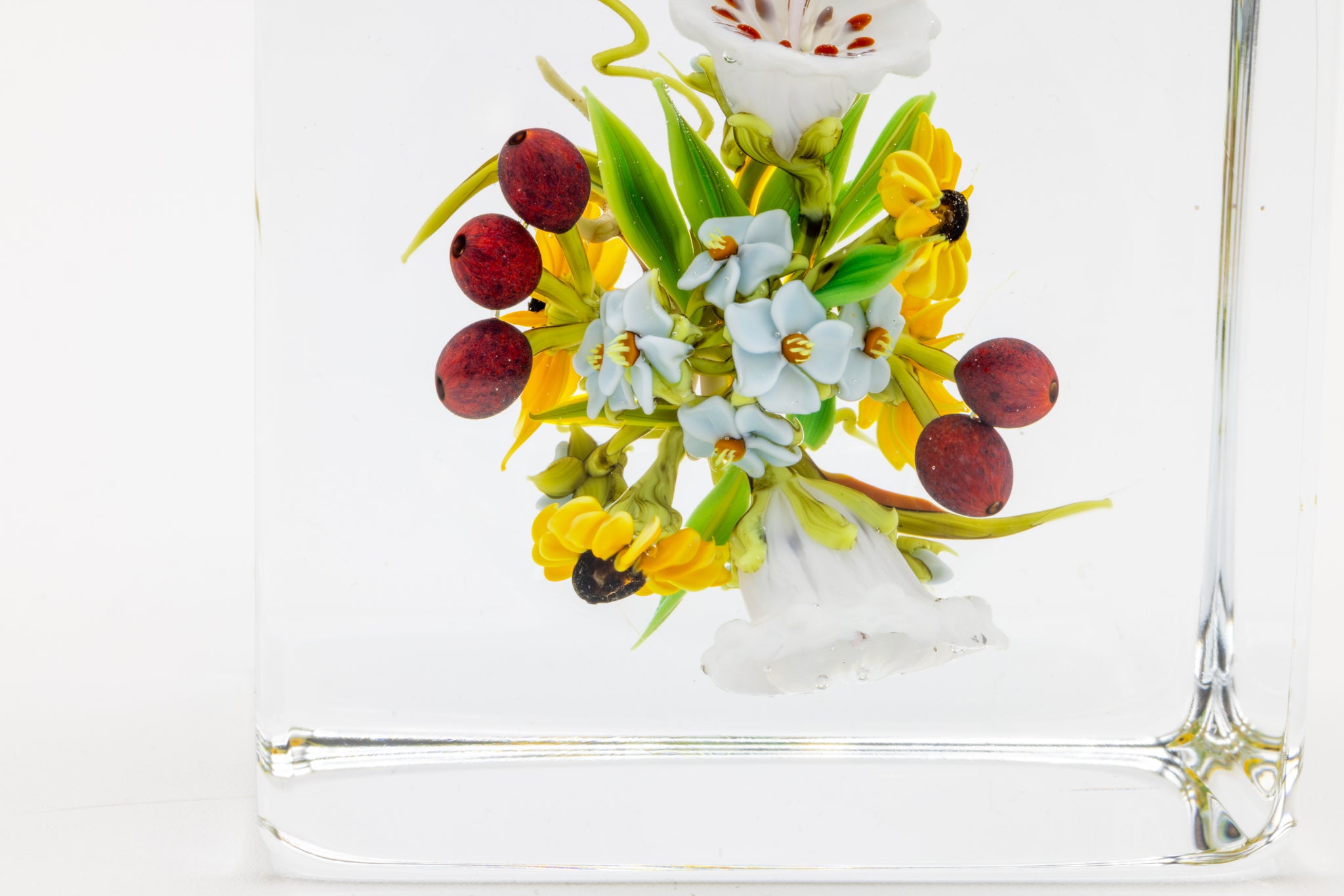 Paul Stankard Signed Square Glass Paperweight with Flowers, Berries, a ...